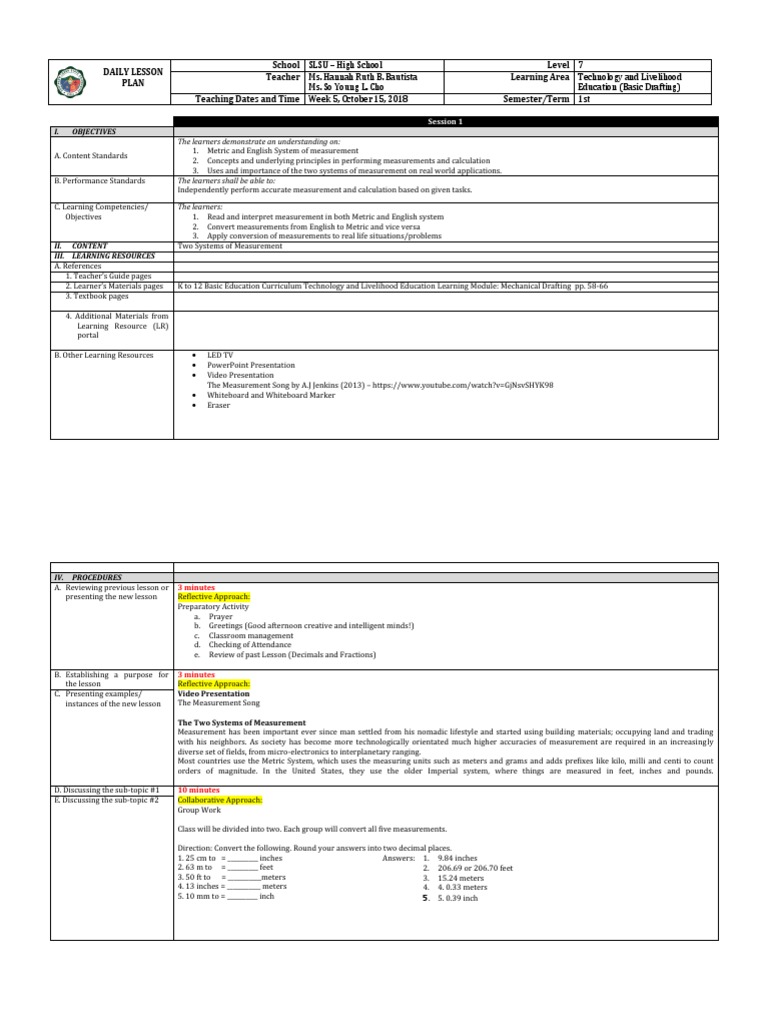 Semi Detailed Lesson Plan On Drafting | PDF | Foot (Unit) | Metre