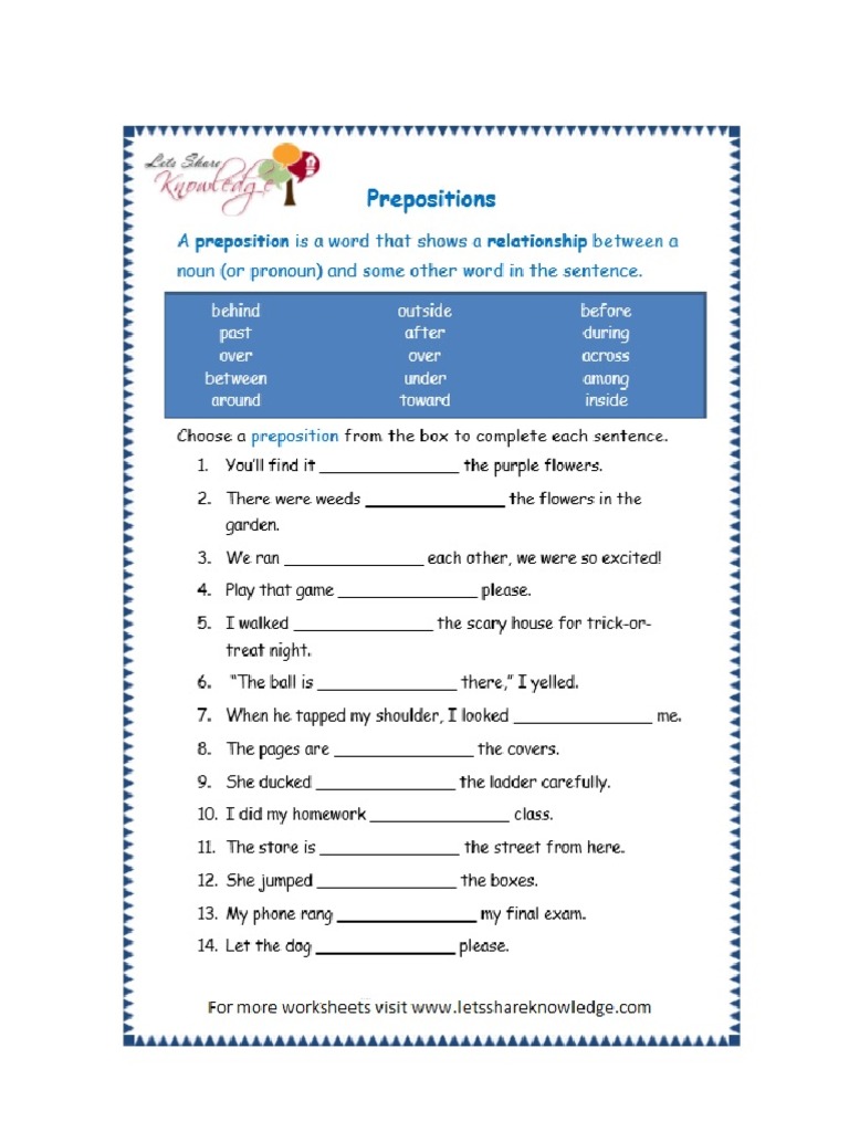 Grade 3 Worksheets Prepositions Page 6 | PDF