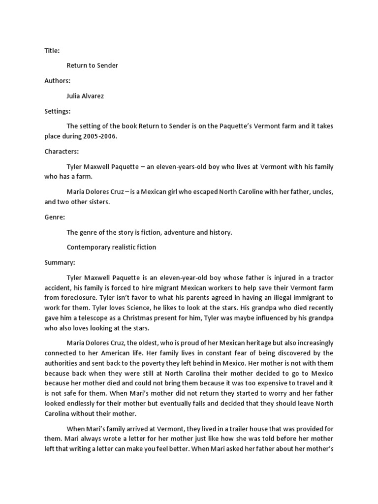 Home Reading Report - Return To Sender | PDF