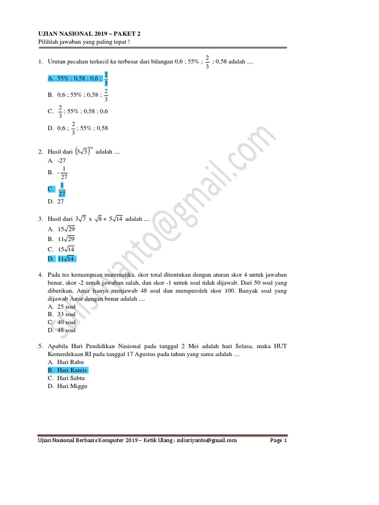 Soal UN Matematika SMP 2019 | PDF