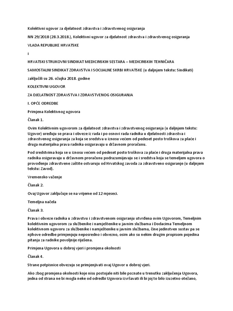 Kolektivni Ugovor Za Djelatnost Zdravstva I Zdrasvtvenog Osiguranja | PDF