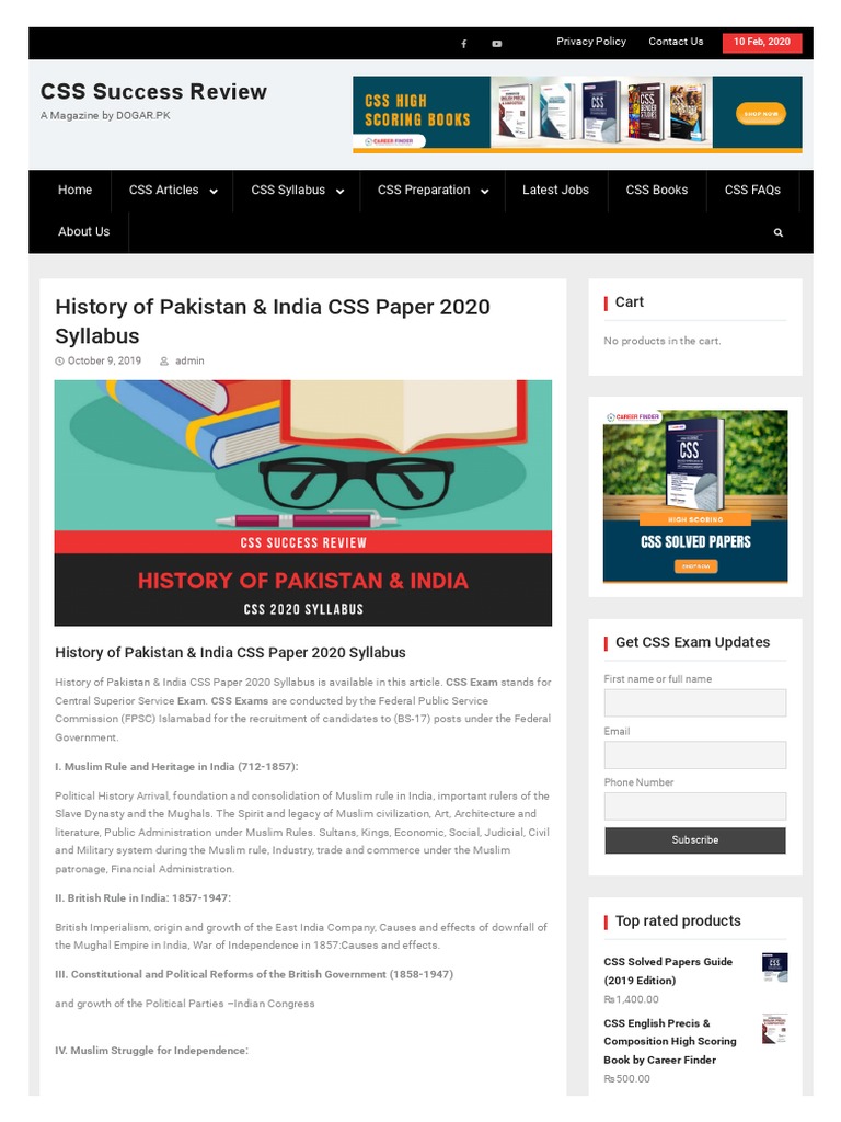CSS Paper 2020 Syllabus History of Pakistan & India - Success Review ...