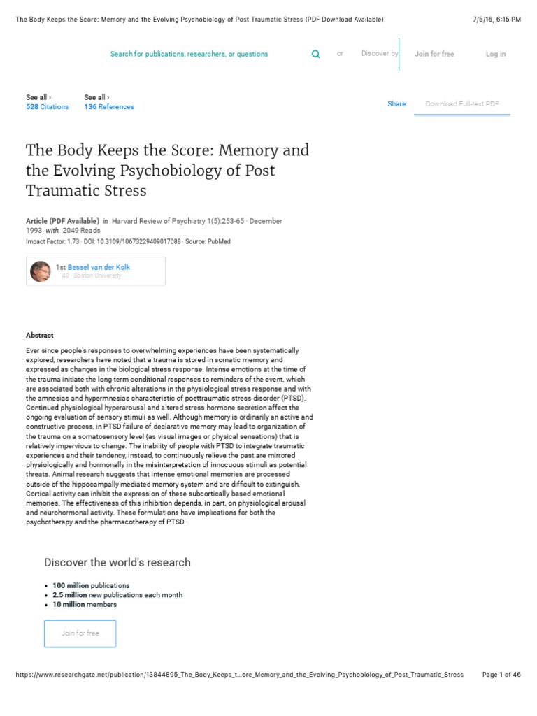 The Body Keeps The Score | PDF | Psychological Trauma | Posttraumatic ...