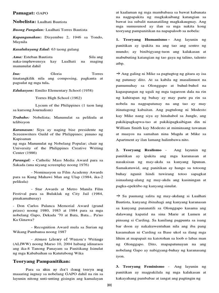 Pagsusuri NG Nobela Gapo Ni Lualhati Bautista | PDF