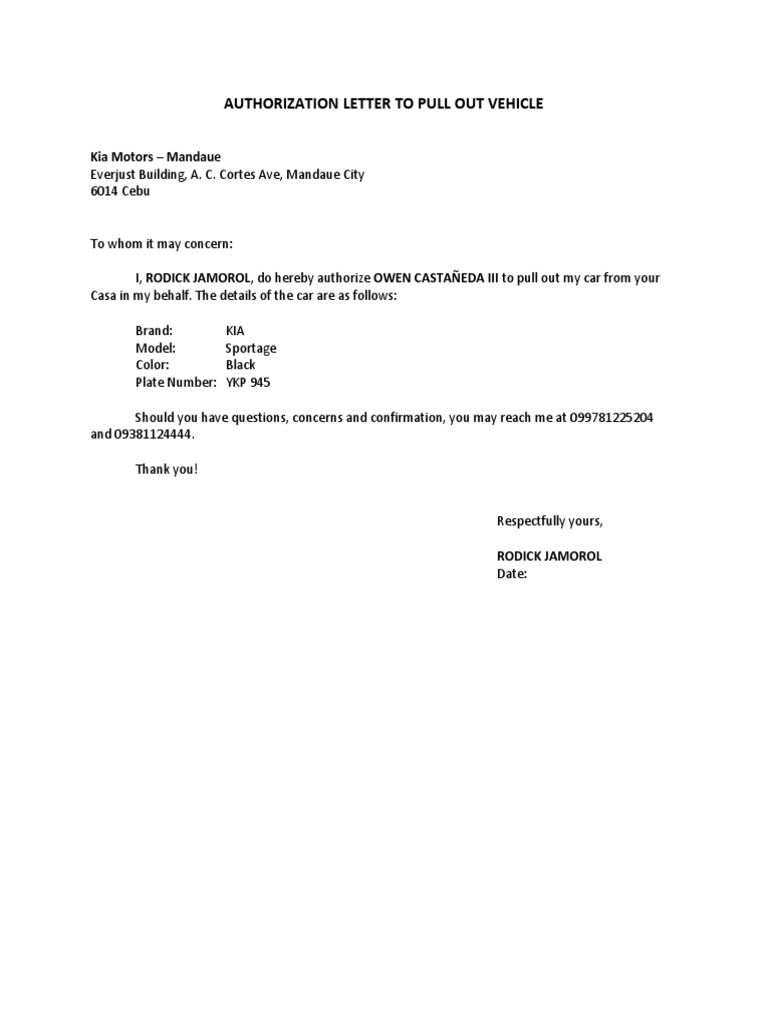 Authorization Letter To Pull Out Vehicle | PDF