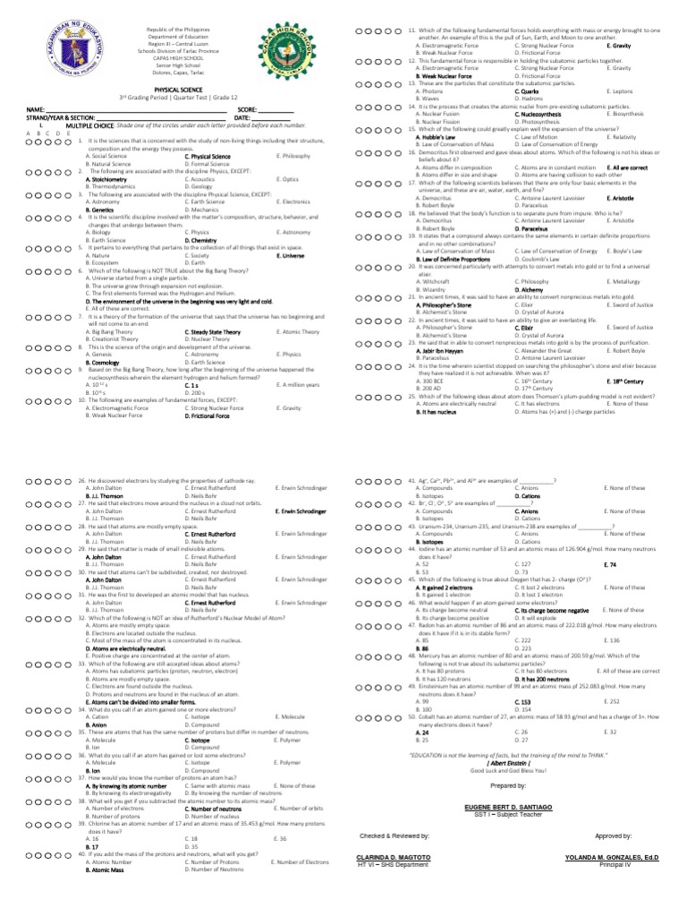 Grade 12 Physical Science Quarter Test | PDF | Atoms | Atomic Nucleus