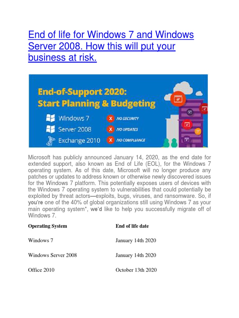 Windows 7 & Server 2008 EOL Risks | PDF | Windows 7 | Microsoft Windows