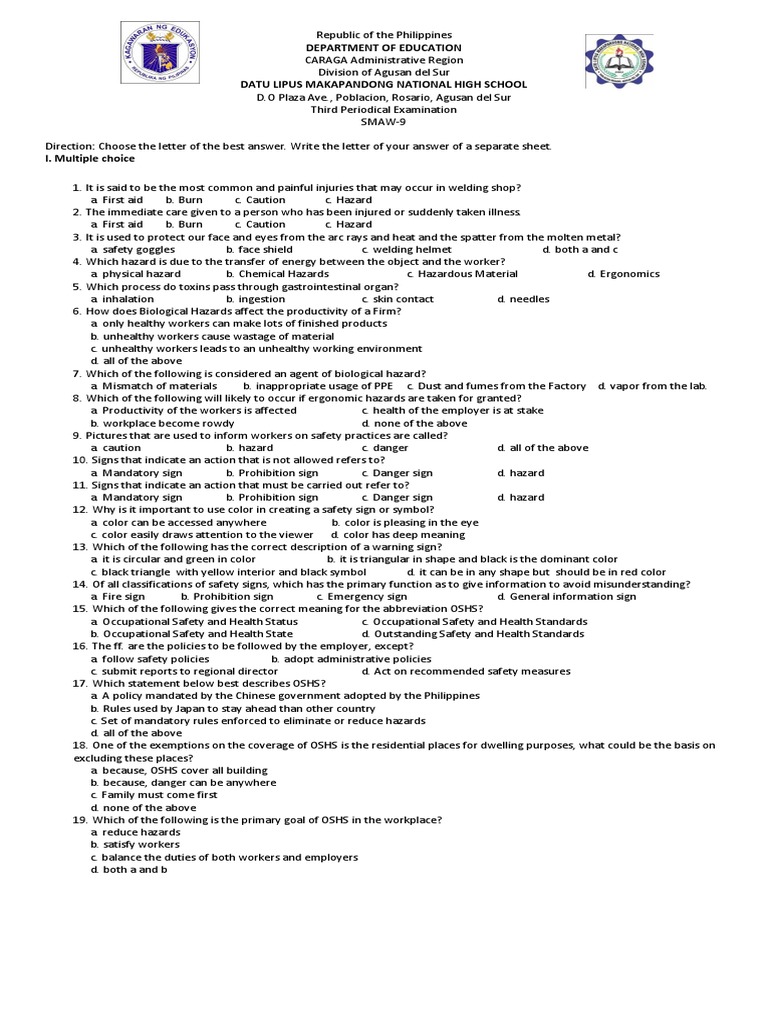 Exam Smaw 9-Third Grading | PDF | Personal Protective Equipment ...