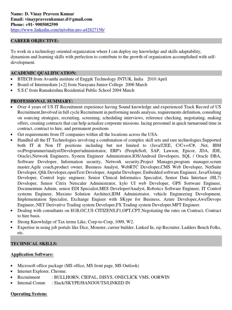 Vinay Resume - US IT RECRUITER | PDF | Programmer | Recruitment
