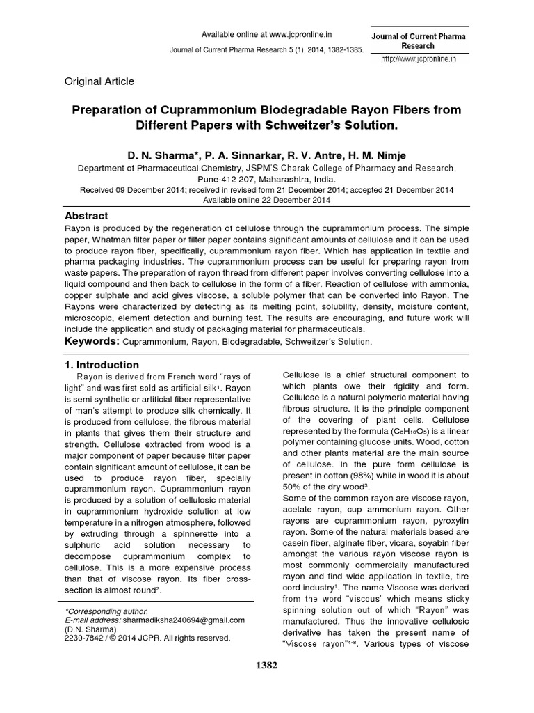 Preparation of Cuprammonium Biodegradable Rayon Fibers From Different ...