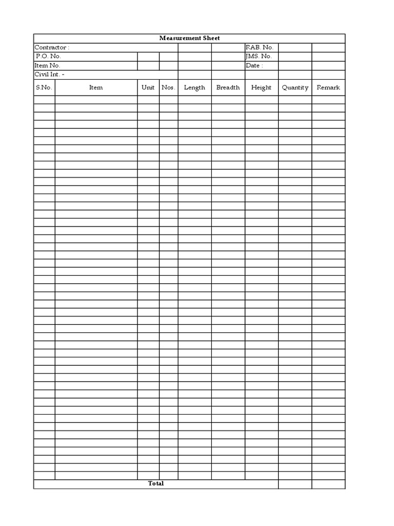 Measurement Sheet Format Imp PDF | PDF