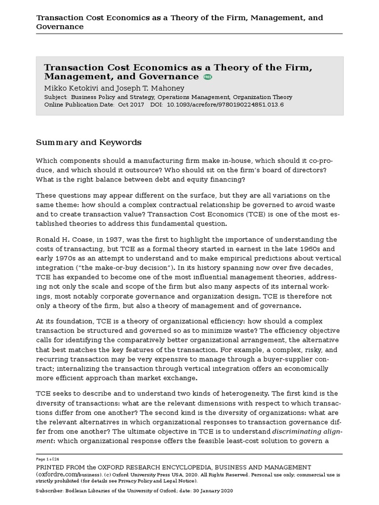 TCE in Corporate Governance and Management | PDF | Governance | Economics