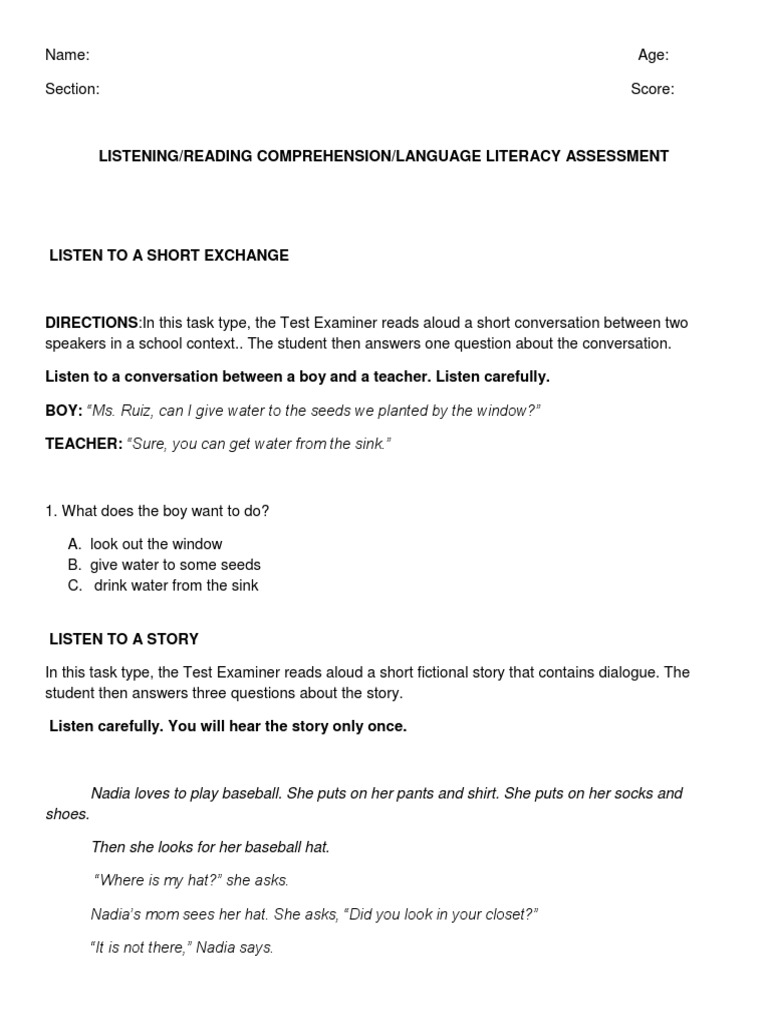 Language Literacy and Listening Comprehension Questionnaire | PDF ...