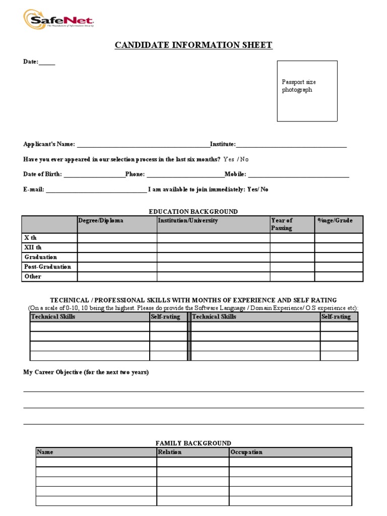 Campus (Candidate Information Sheet FRESHERS) | PDF