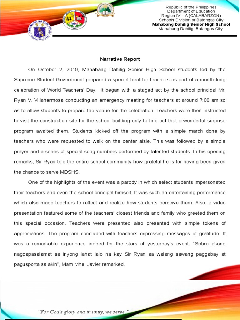 Narrative Report For World Teachers' Day | PDF