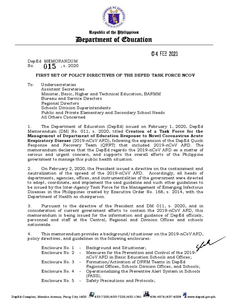 DM - s2020 - 015 1st DepEd TF nCoV Directives PDF | PDF | Hand Washing ...