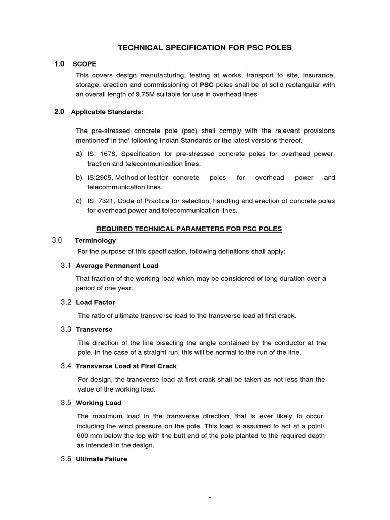 PSC Pole Technical Specifications | PDF | Fracture | Concrete