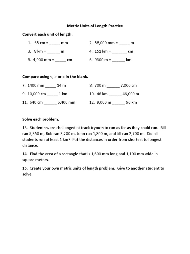 Metric Units of Length Practice Sheet (No Answers) | PDF