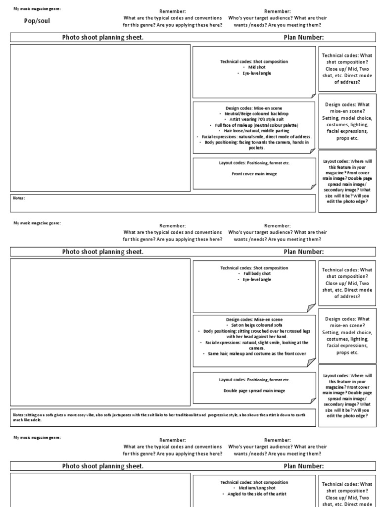 Photoshoot Planning Sheet | PDF | Camera | Genre