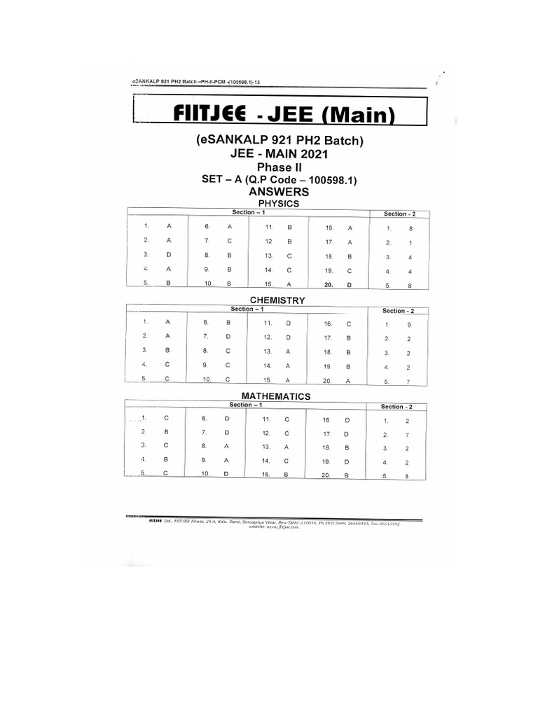 PINNACLE PH 2 MAINS ANSWER KEY FOR eSANKALP921PH2 BATCHE | PDF