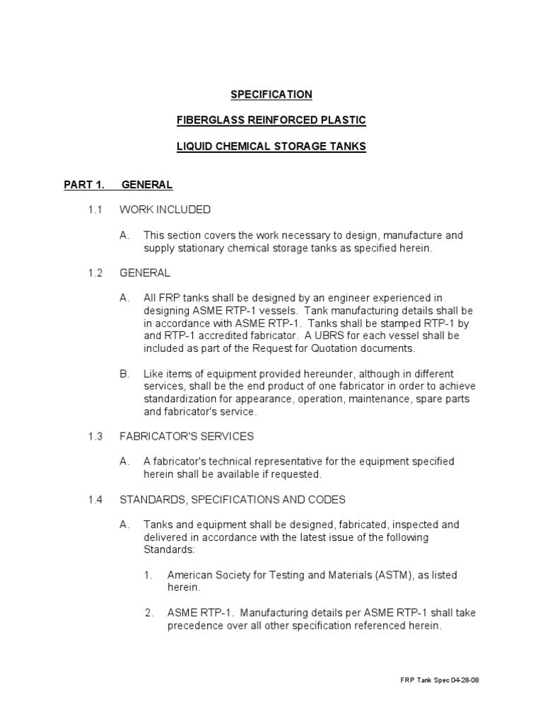 Tank Specification - Fiberglass Tanks 0408 | PDF | Fiberglass | Fibre ...