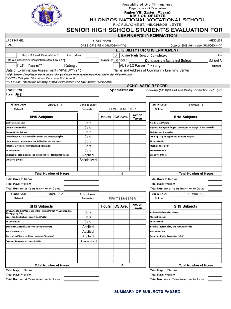 SHS Form 9 Evaluation Form TVL He Cookery | PDF | Middle Schools ...