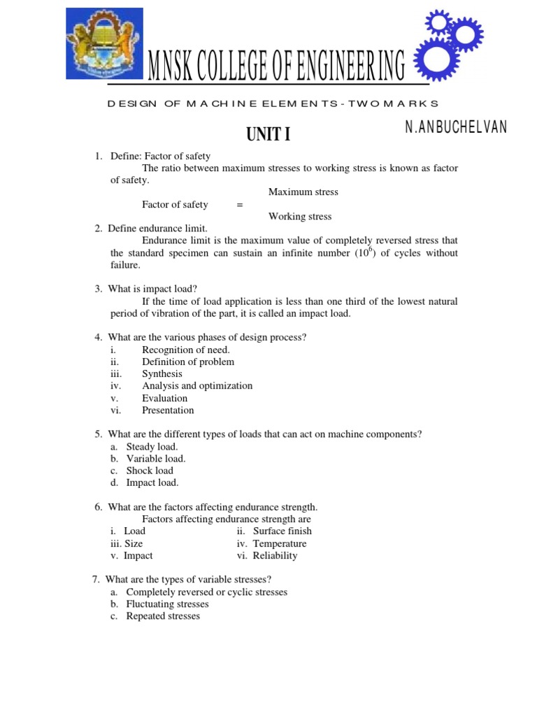 Design of Machine Elements Two Marks | PDF | Fracture | Fracture Mechanics