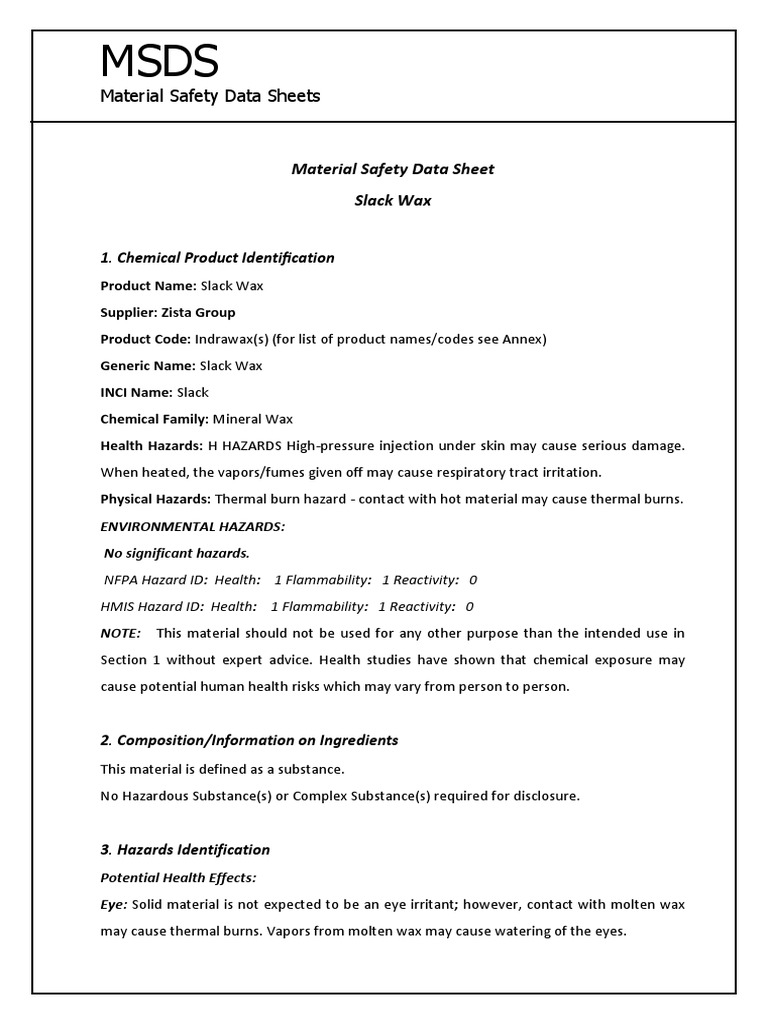 MSDS Slack Wax Zista | PDF | Firefighting | Personal Protective Equipment