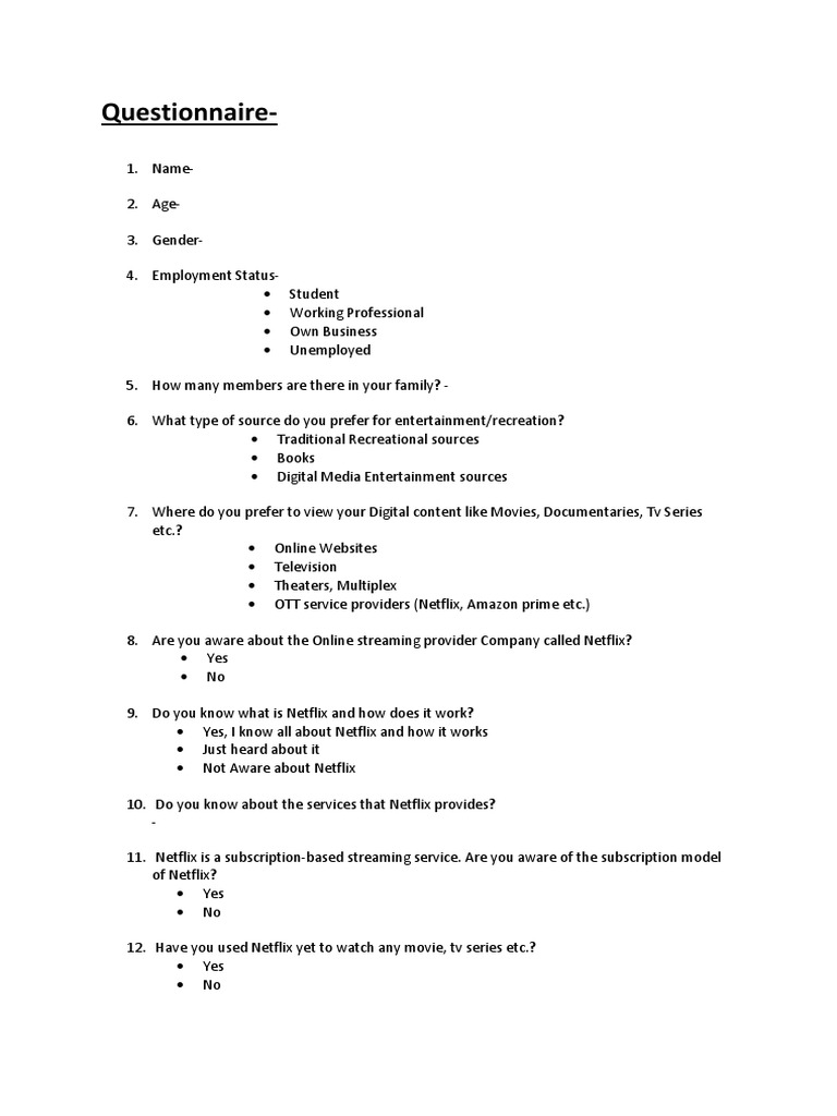 Questionnaire Netflix | PDF | Netflix | Streaming Media