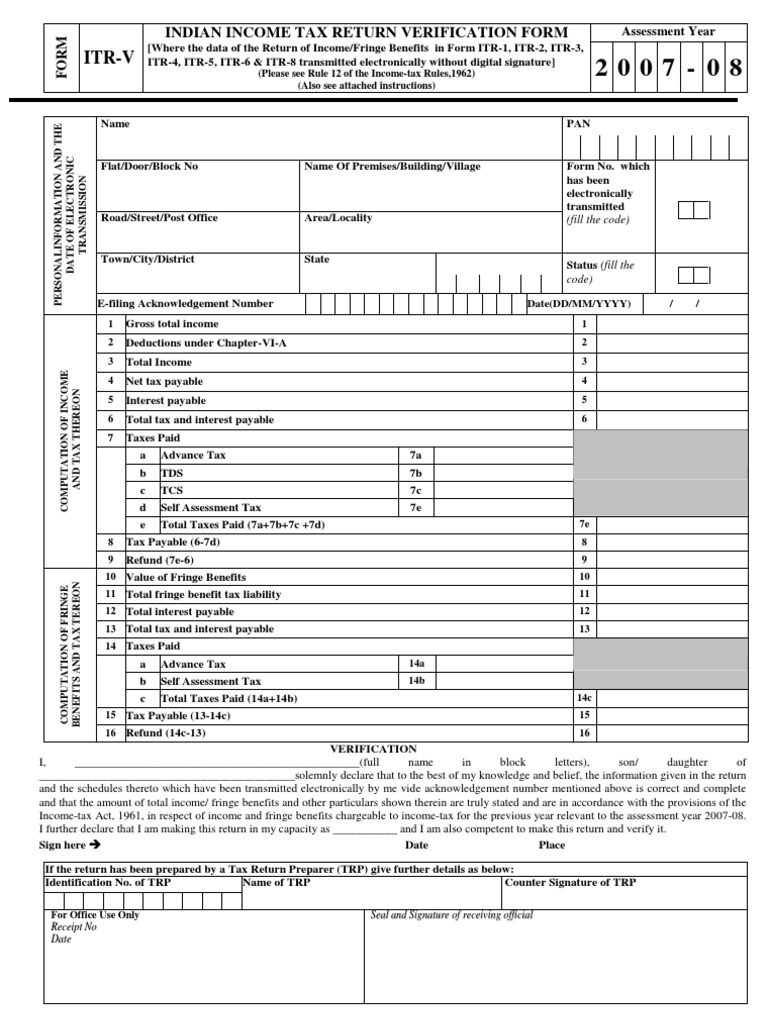Itr-V: Indian Income Tax Return Verification Form | PDF | Public ...
