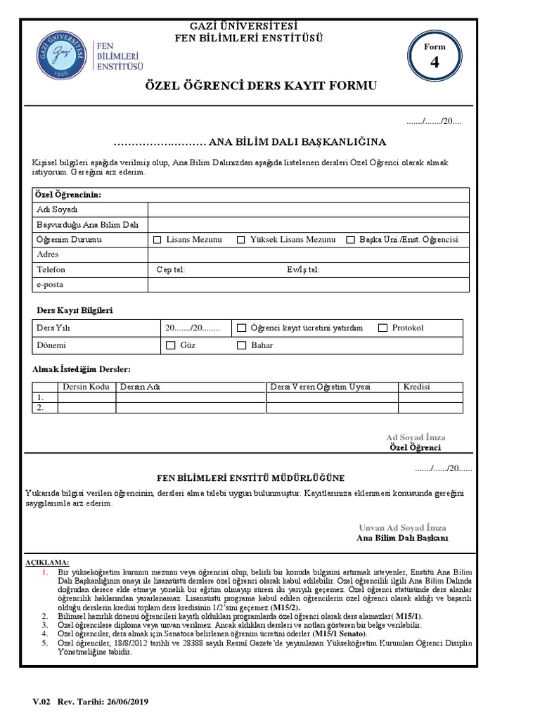 Ort Form 4 Ozel Ogrenci Ders Kayit Formu | PDF