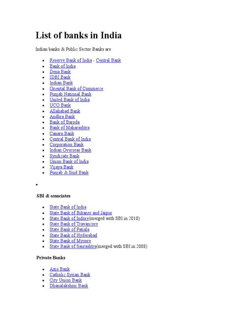 List of Banks in India: Indian Banks & Public Sector Banks Are | PDF ...