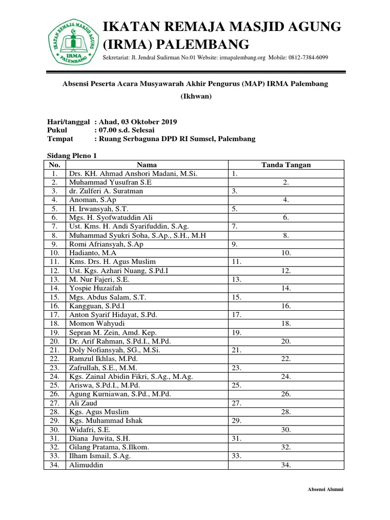 Absensi Kehadiran Alumni Acara Map Sidang Pleno 1-4 (Ikhwan - Akhwat) | PDF
