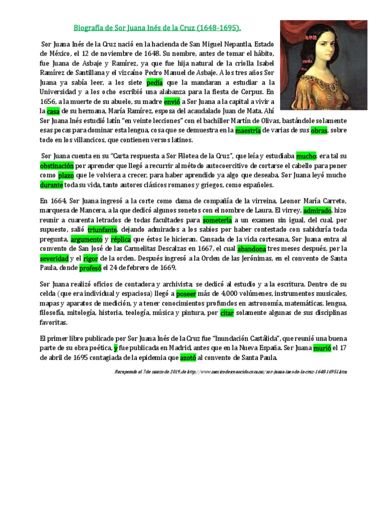Biografía de Sor Juana Inés de La Cruz | PDF