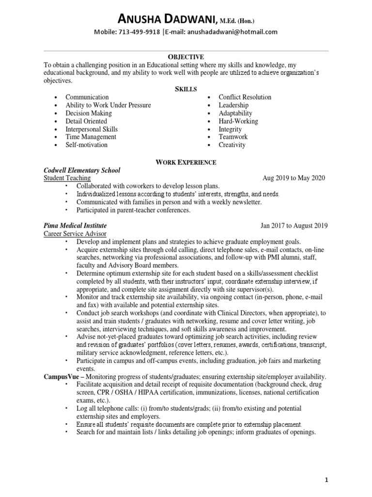 Anusha Dadwani - Resume | PDF | Employment | Business