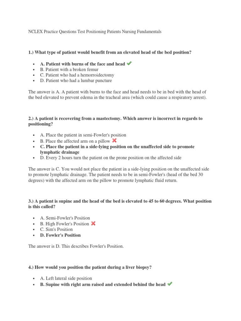 NCLEX Practice Questions Test Positioning Patients Nursing Fundamentals ...