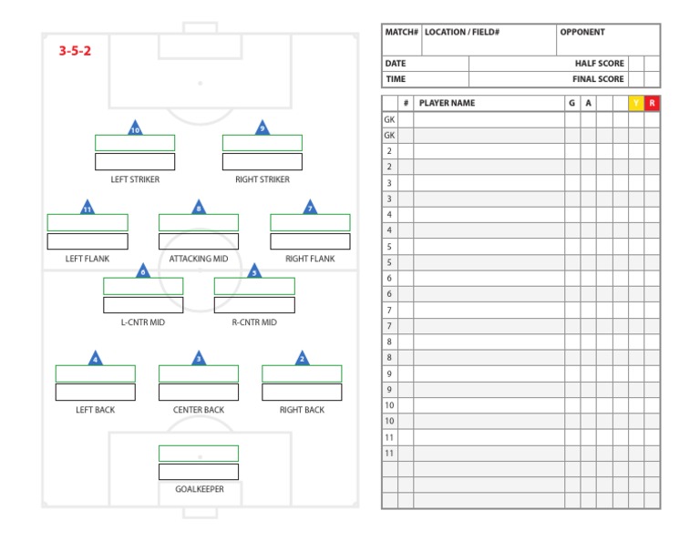 High School Soccer Lineup Sheet 11v11 352 Players Subs Fillable | PDF