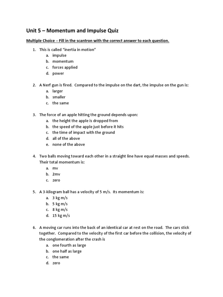 Momentum and Impulse Quiz Questions | PDF | Momentum | Collision