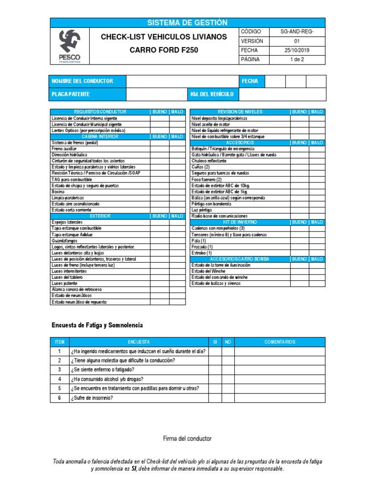 Check-List Ford 250 | PDF | Licencia de conducir | Transporte