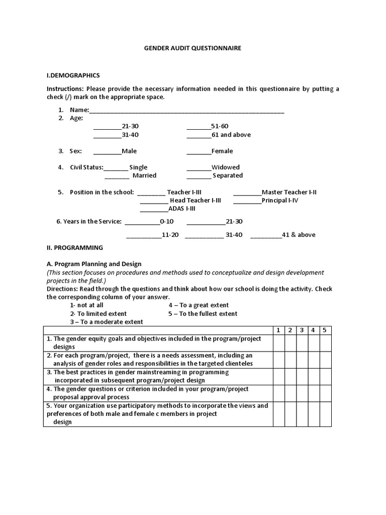 Gender Audit Questionnaire | PDF | Gender | Gender Studies