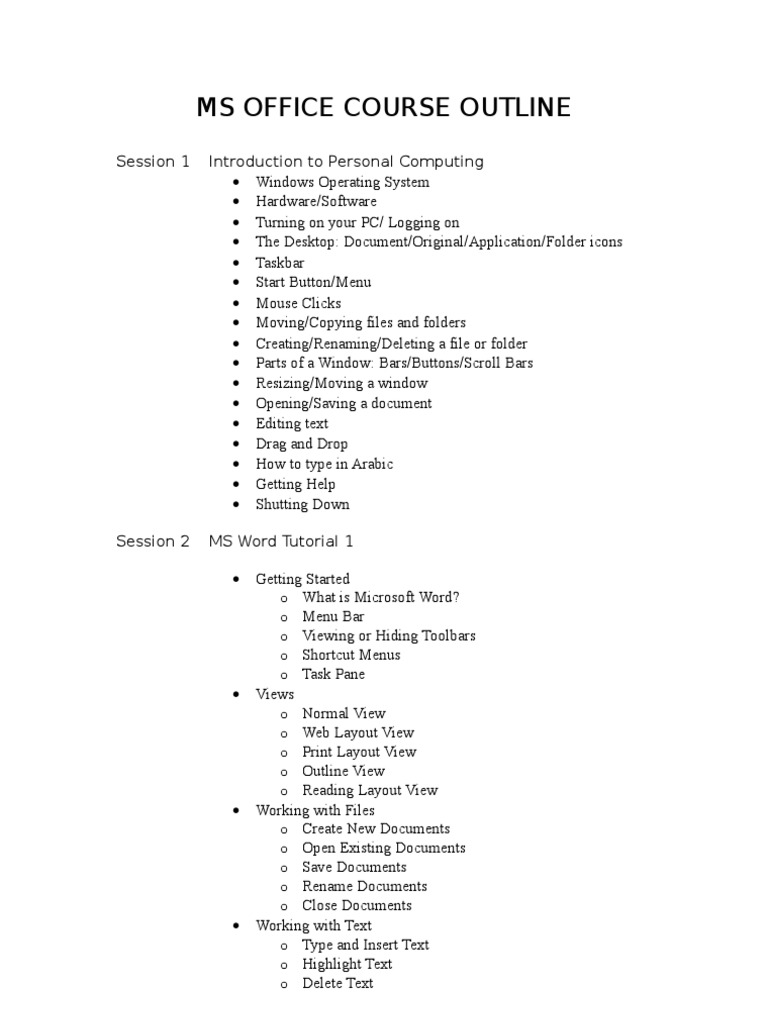 5284125 Ms Office Course Outline Microsoft Excel Web Page