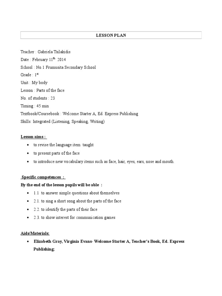 Parts of the Face Lesson Plan for Grade 1 | PDF | Language Arts ...
