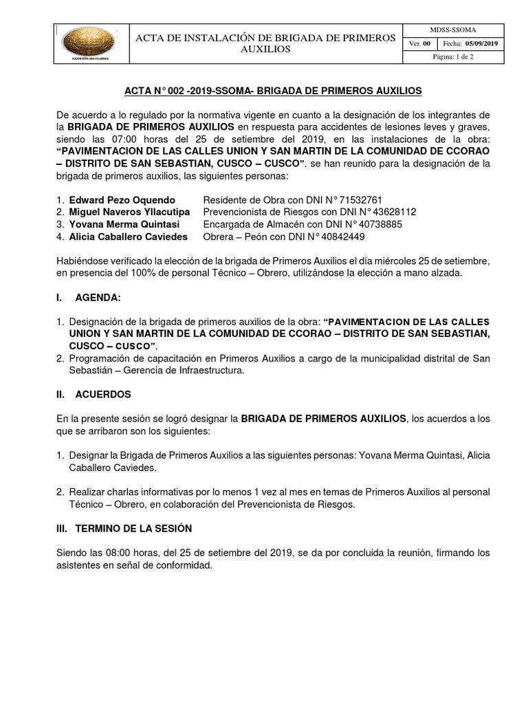 Acta #002 - Brigada de Primeros Auxilios | PDF | Gobierno