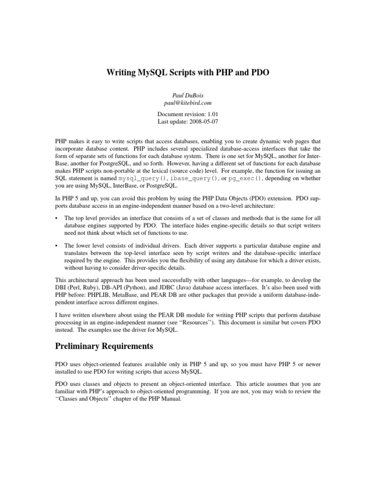 Writing Mysql Scripts With Php And Pdo Paul Dubois Pdf Php Database Transaction 
