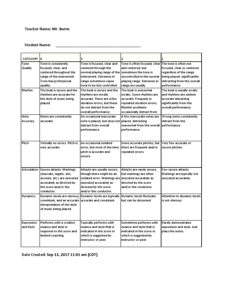 Audition Rubric For High School Full Orchestra | PDF | Pitch (Music ...