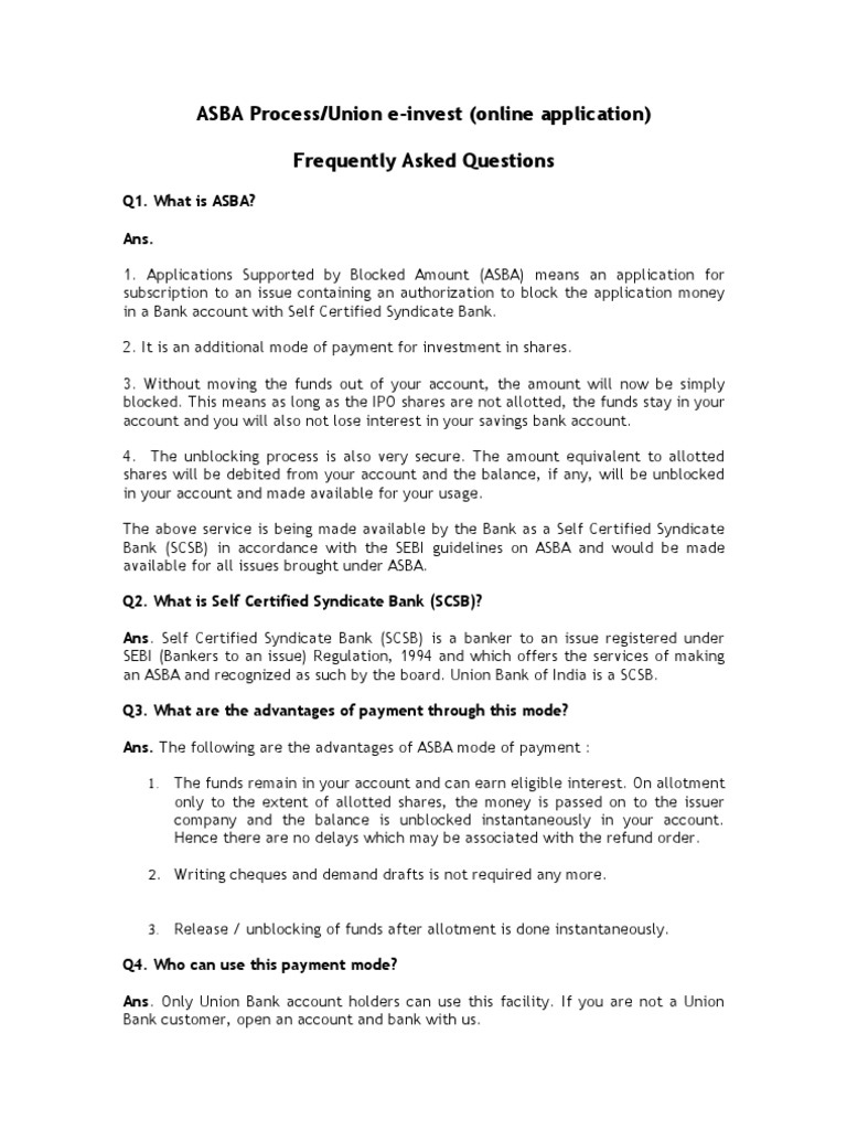 ASBA Process/Union E-Invest (Online Application) Frequently Asked ...