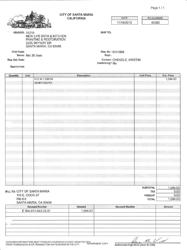 New Life Bath Biohazard/crime Scene Cleanup Invoices To Santa Maria PD ...