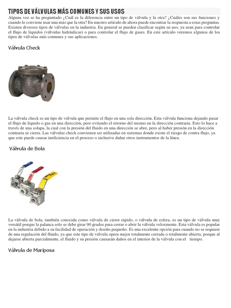 Tipos de Válvulas Más Comunes y Sus Usos | PDF | Válvula | Ingeniería ...