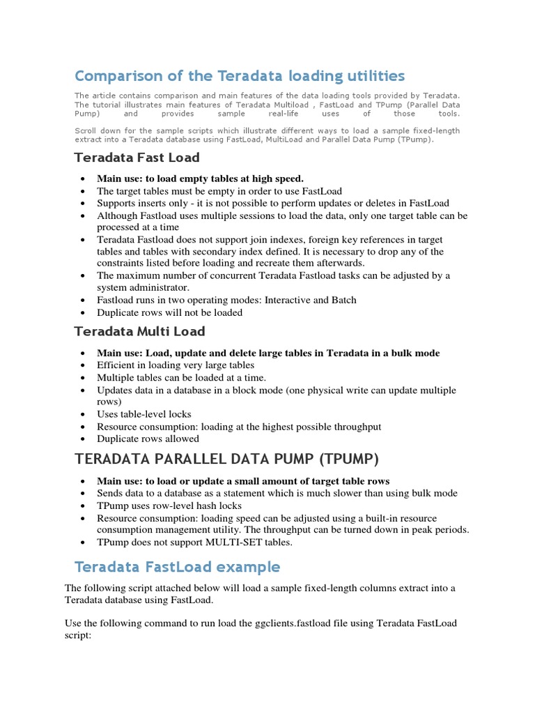 Comparison of The Teradata Loading Utilities | PDF | Database Index | Databases