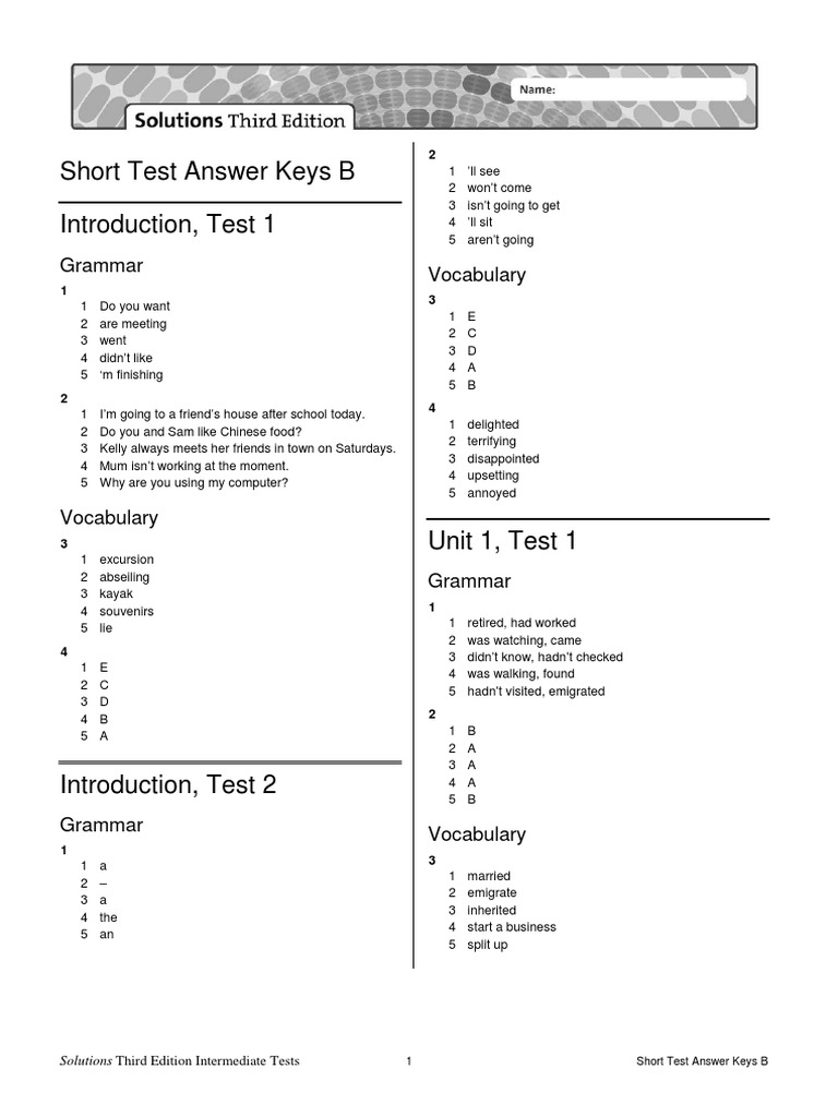Intermediate Tests Answer Key B | PDF